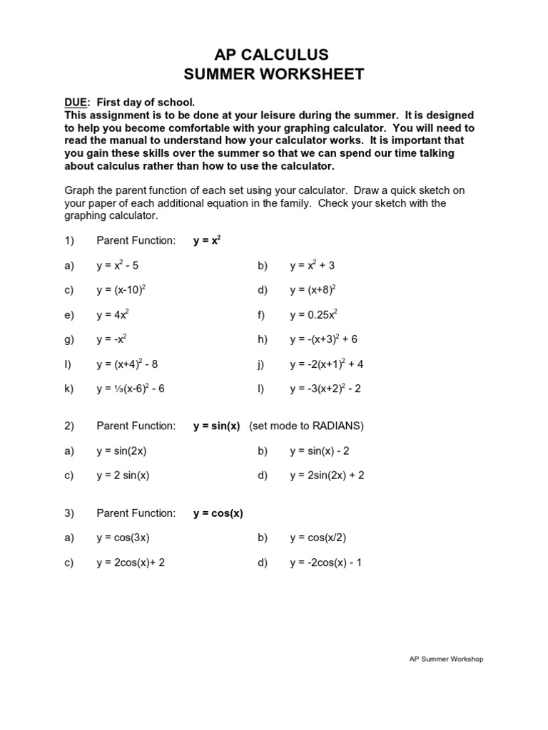 AP Calculus Summer Worksheet | PDF | Trigonometric Functions ...