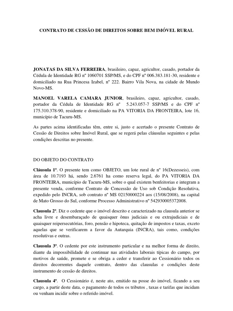 Contrato De Cessão De Direitos Sobre Bem Imóvel Rural Pdf Governo