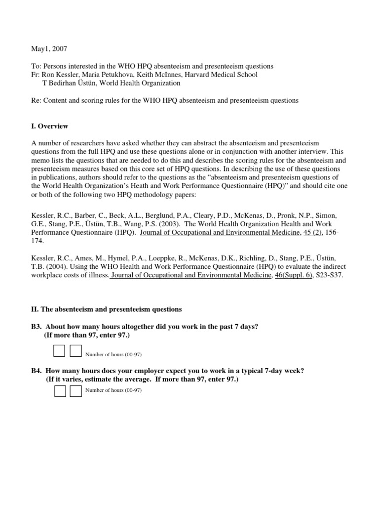 Calculate absenteeism and presenteeism scores from WHO HPQ questions ...