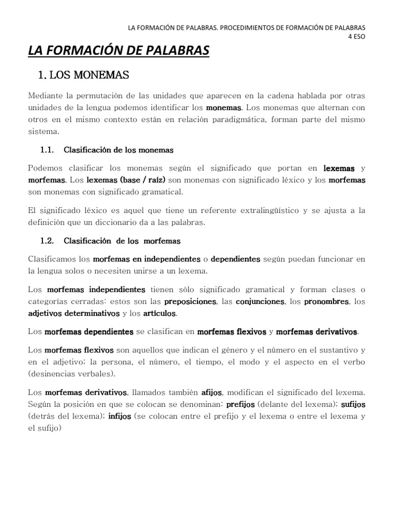 Formacion de Palabras y Procedimientos de Formacion PDF | PDF | Palabra ...