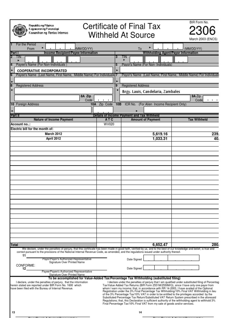 Form 2306 Witn Computation Electric Bill | PDF | Withholding Tax ...