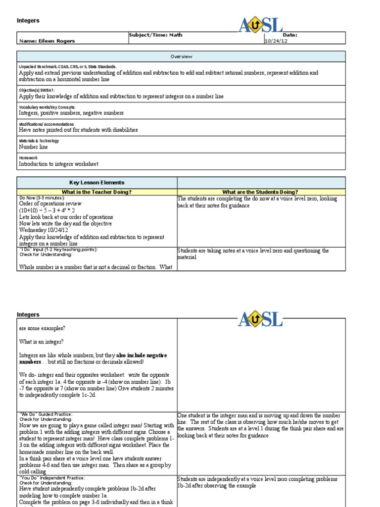 Integer Lesson Plan | PDF | Integer | Fraction (Mathematics)
