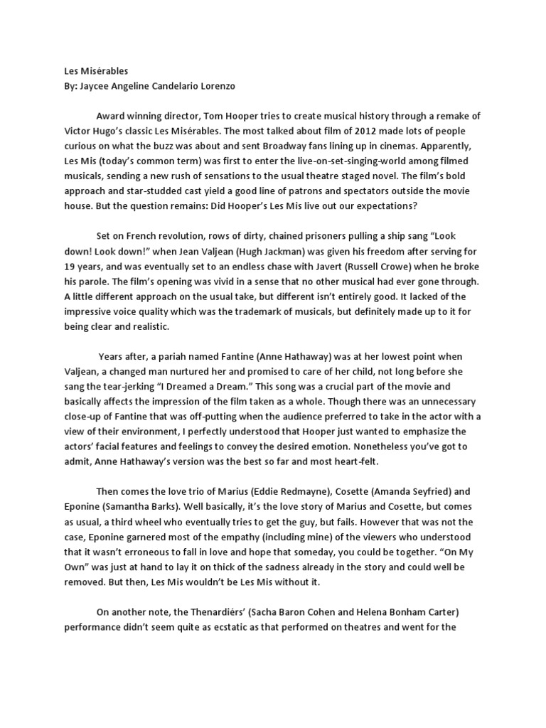 Les Misérables Film Review 2012 | PDF | Les Misérables (Musical) | Les ...