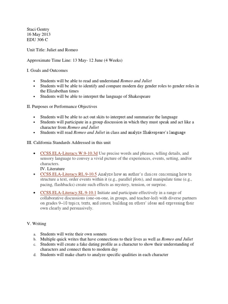 Romeo and Juliet Unit | PDF | Educational Assessment | Romeo And Juliet