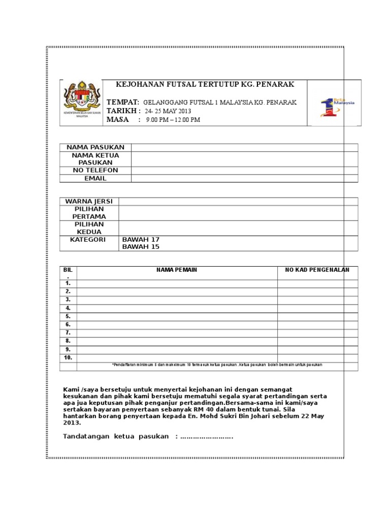 Borang Penyertaan Futsal Hazarie | PDF