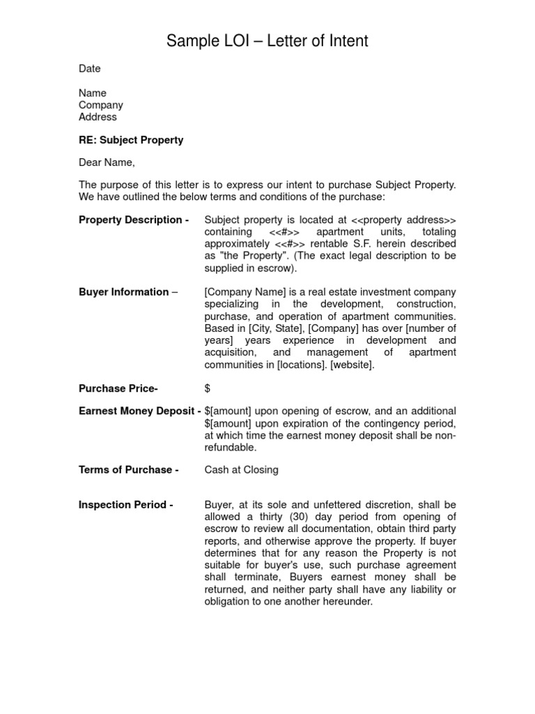 Sample Letter of Intent LOI | Common Law | Private Law