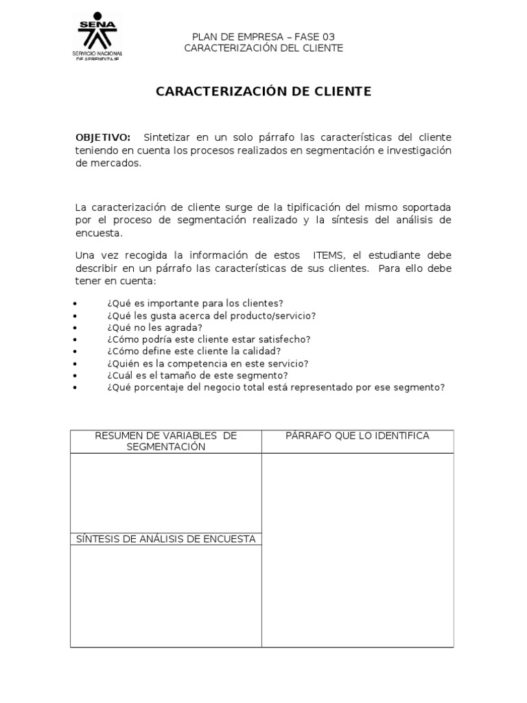 3. MATRIZ PARA CARACTERIZACIÓN DEL CLIENTE