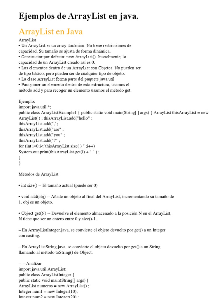 Ejemplos de ArrayList en Java | PDF | Java (lenguaje de programación) | Estructura de datos de ...