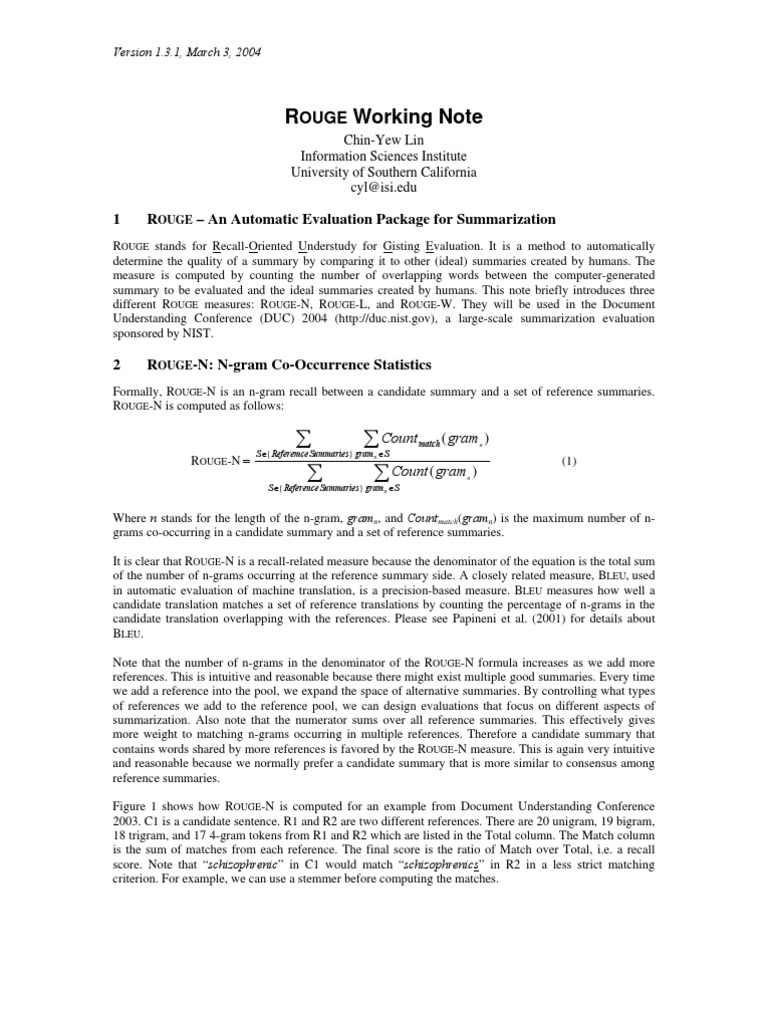 ROUGE Working Note v1.3.1 | PDF | Applied Mathematics | Cognition