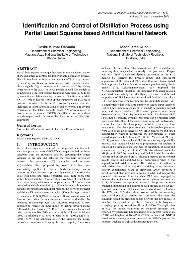 Identification and Control of Distillation Process Using Partial Least Squares Based Artificial ...