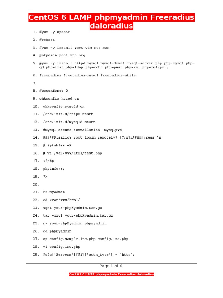 CentOS 6 LAMP PHP My Admin Free Radius Daloradius | PDF