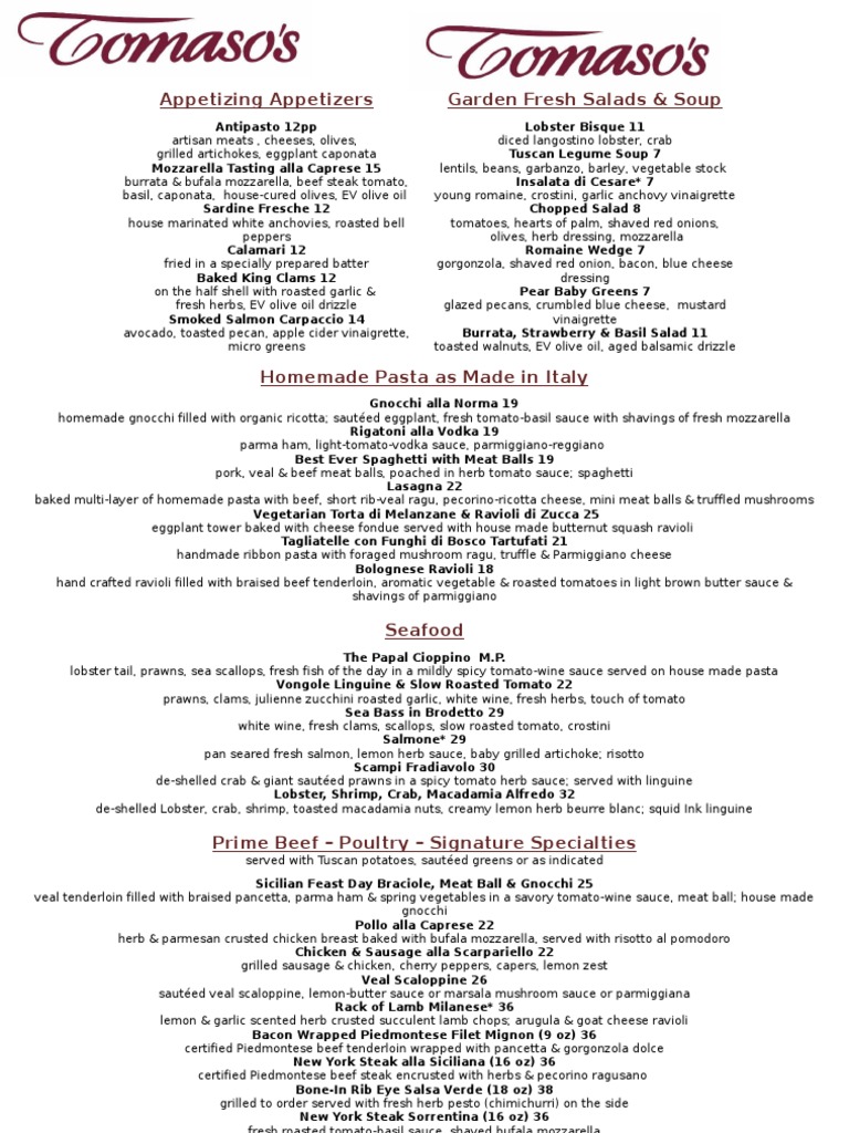 Tomaso's Italian American Menu | PDF