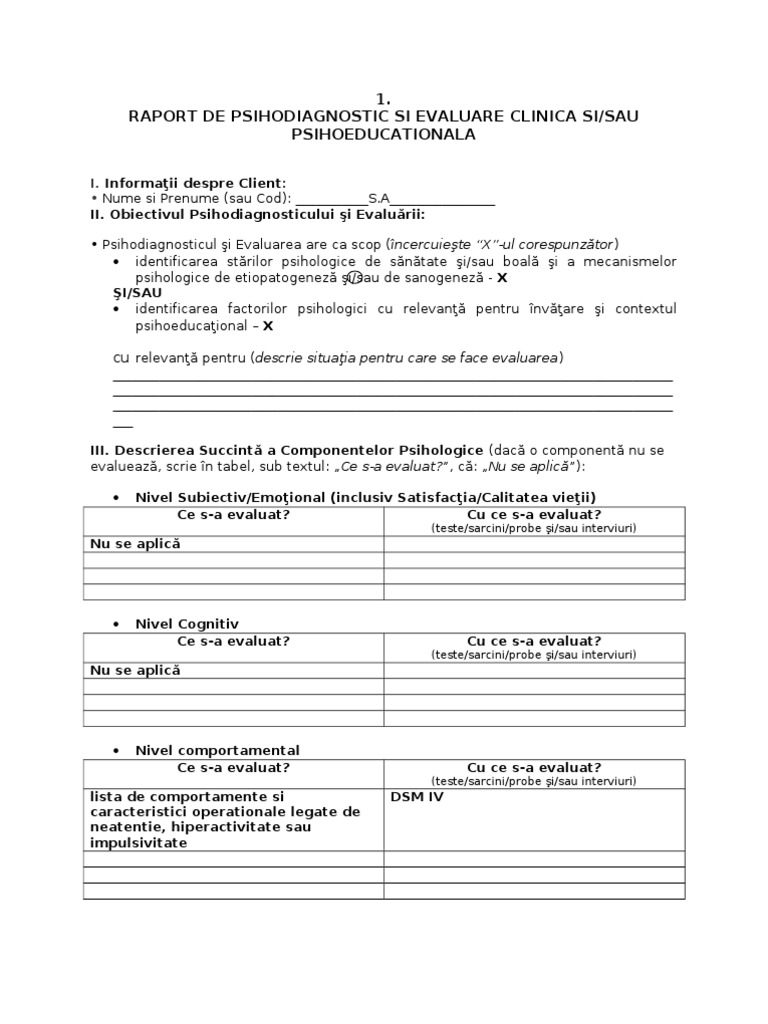 Raport de Psihodiagnostic Si Evaluare Clinica Si | PDF