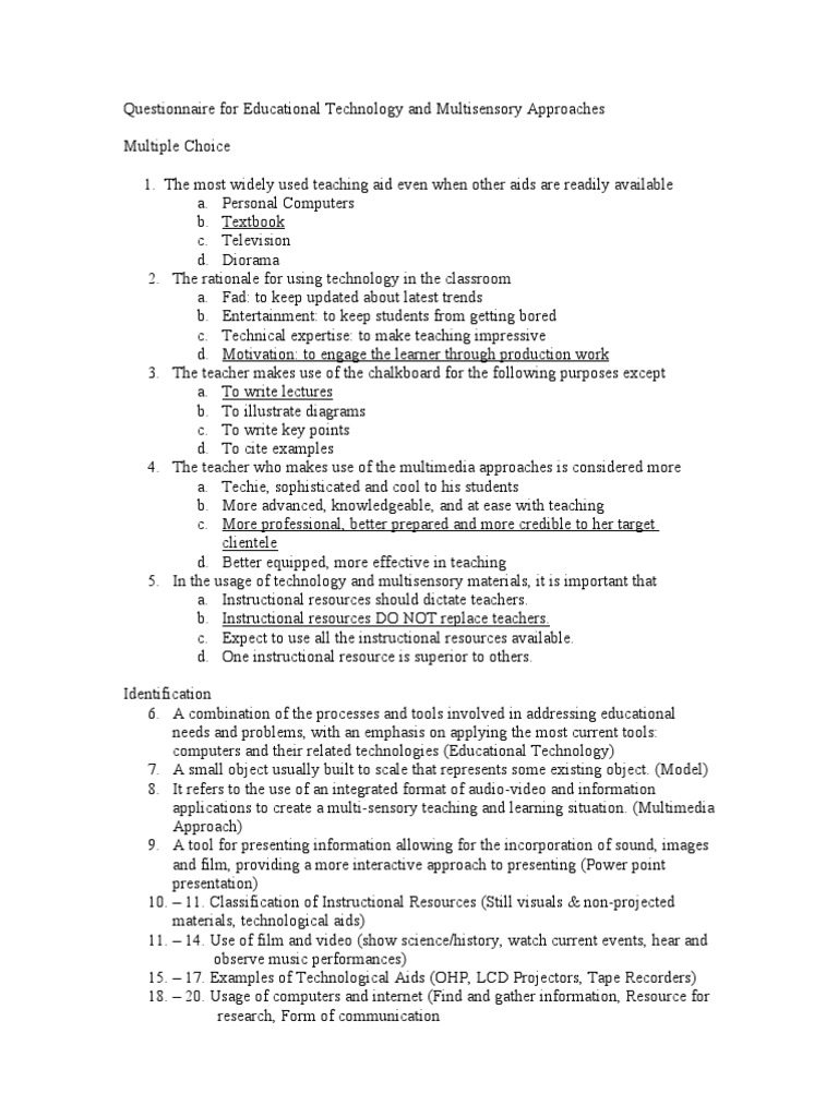 Questionnaire For Educational Technology and Multisensory Approaches ...