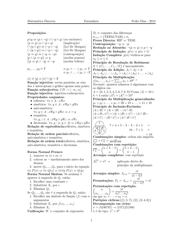 Fórmulas de Matemática Discreta 2013 | PDF | Lógica | Lógica matemática