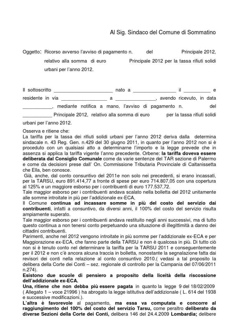 Modello Ricorso TARSU 2012 - Comune Di Sommatino | PDF