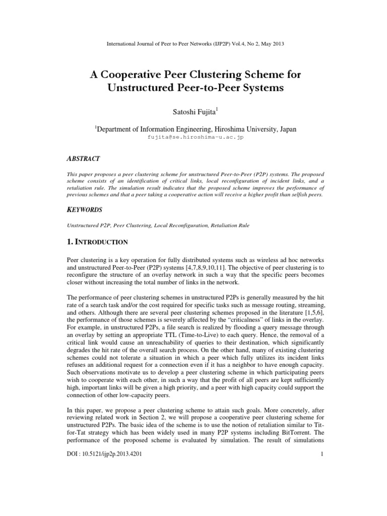 A Cooperative Peer Clustering Scheme For Unstructured Peer To Peer Systems Pdf Peer To Peer