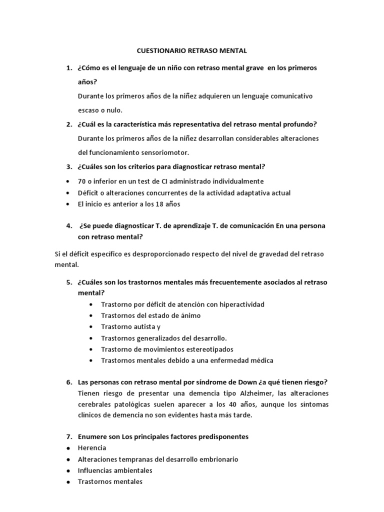 Cuestionario Retraso Mental | PDF | Discapacidad intelectual | Trastorno mental