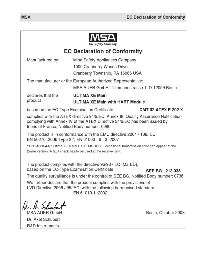 Ultima X Series EC Declaration of Conformity | PDF | Occupational ...