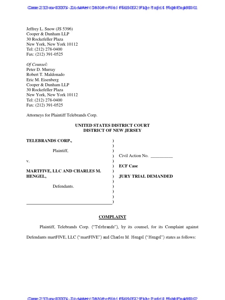 Telebrands Corp V Martfive - DJ Complaint | PDF | Diversity Jurisdiction | Declaratory Judgment