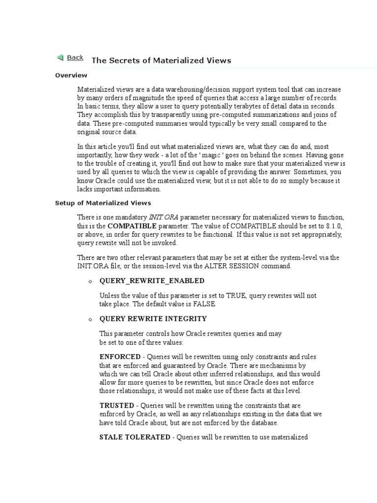 The Secrets of Materialized Views | PDF | Oracle Database | Sql