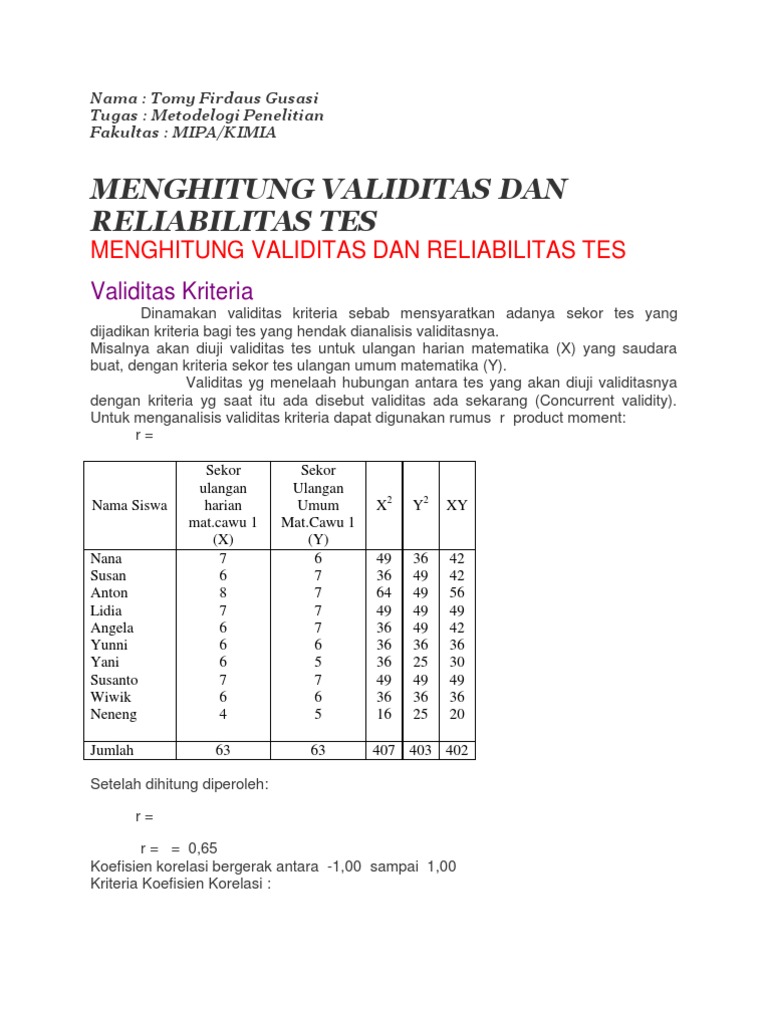 Menghitung Validitas Dan Reliabilitas Tes | PDF