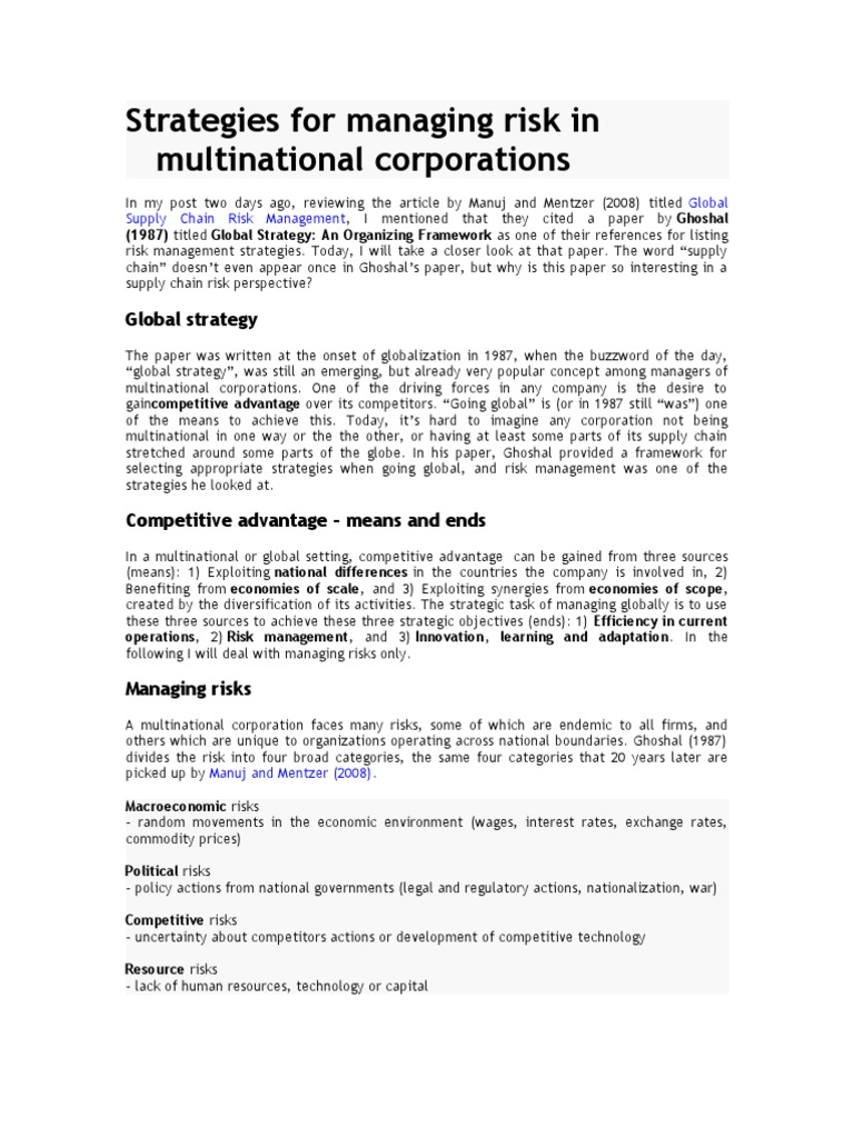 Strategies For Managing Risk in Multinational Corporations | PDF ...