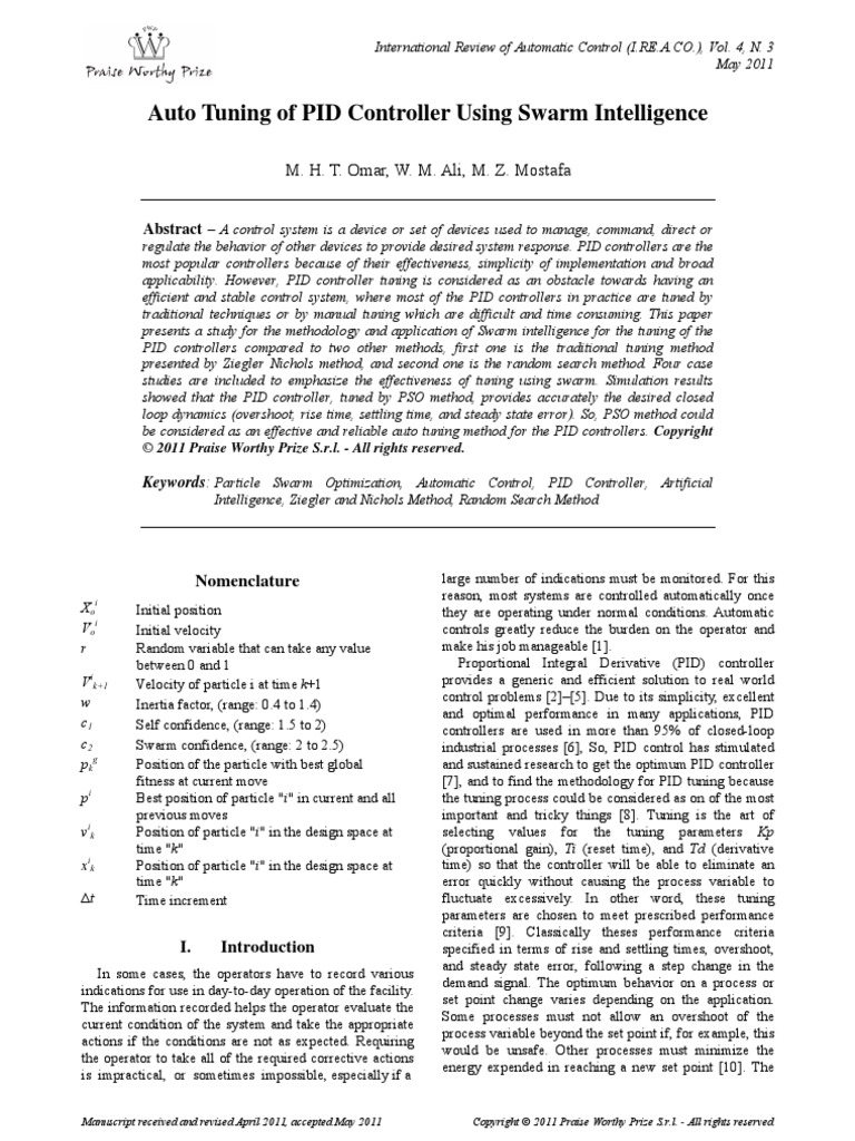Auto Tuning Of Pid Controller Using Swarm Intelligence Pdf Systems Science Electrical
