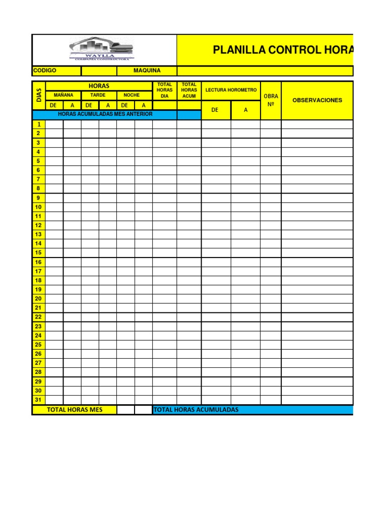 Planilla Control Horas Maquina | PDF
