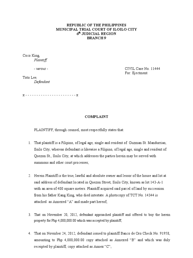 Complaint - Ejectment | PDF | Lawsuit | Complaint