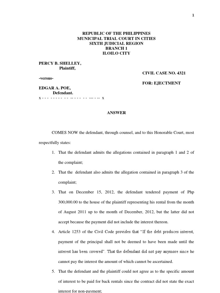 Answer Ejectment | Download Free PDF | Complaint | Lawsuit