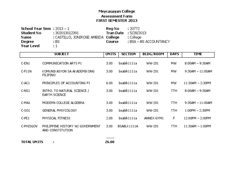 Meycauayan College Assessment Form 2013 | PDF