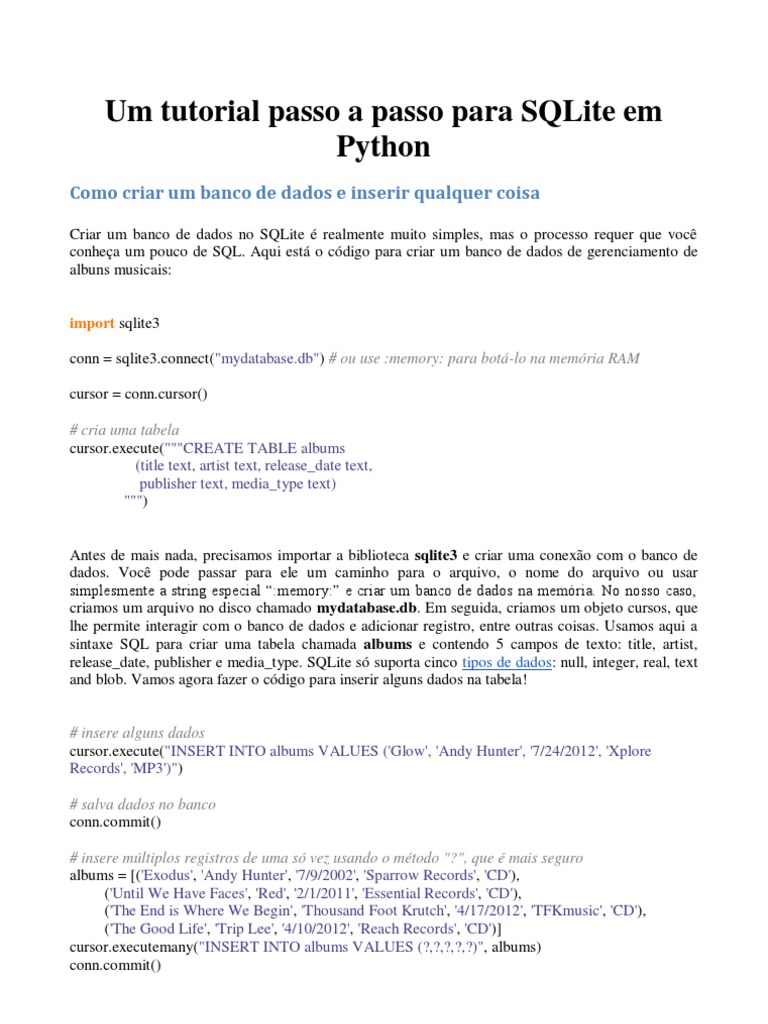 Um Tutorial Passo A Passo Para Sqlite Em Python Pdf Sql Python Linguagem De Programação