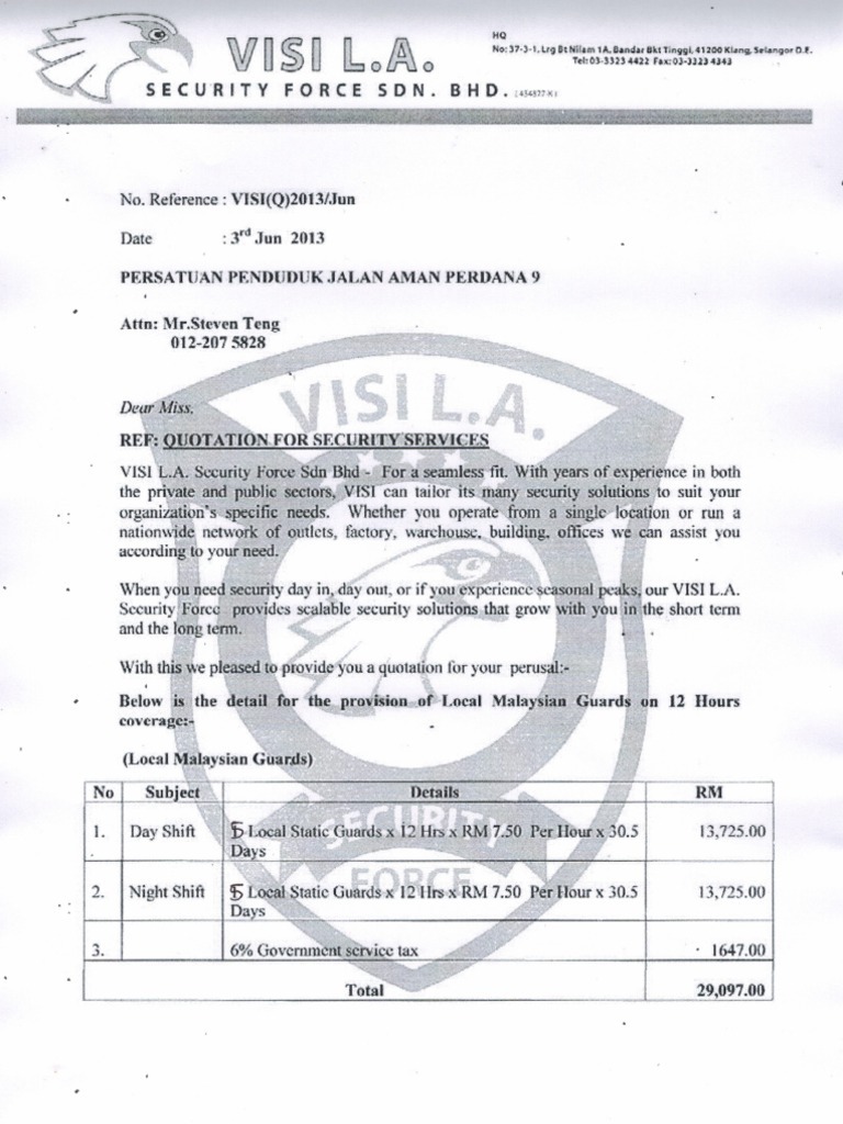 Quotation For Security Guard For Aman Perdana 9 From Visi LA Security | PDF