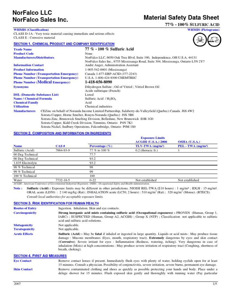 NorFalco MSDS 2007 English Dec | PDF | Sulfuric Acid | Fires