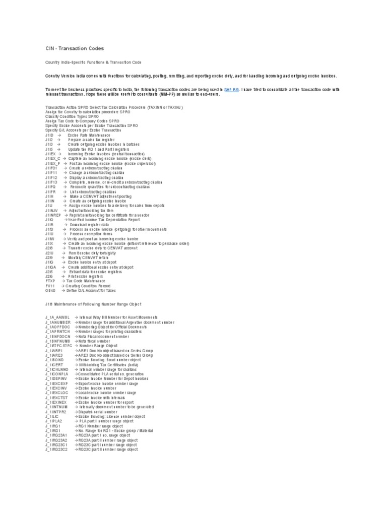 Cin Transaction Codes | PDF | Excise | Taxation