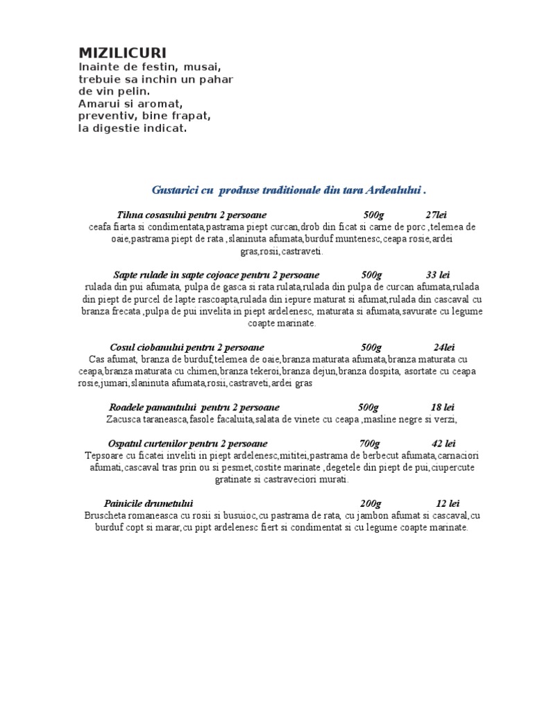 Meniu Vatra Regala Predeal | PDF