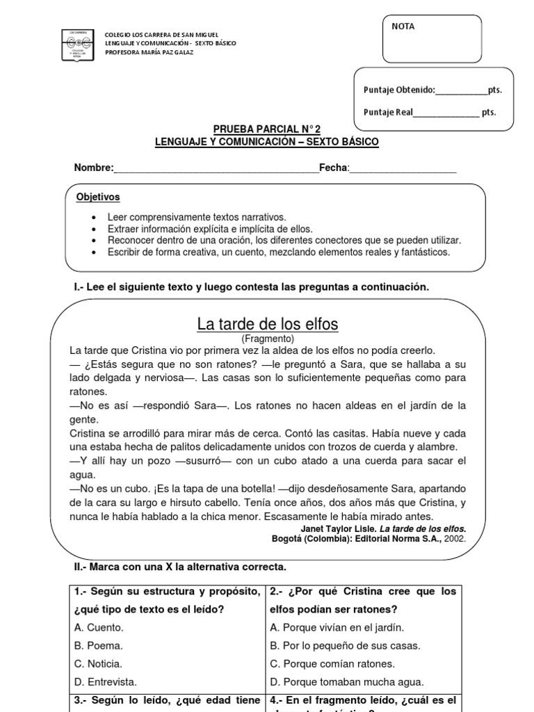 Evaluación Unidad 1 6° Básico | PDF | Oración (Lingüística) | Palabra