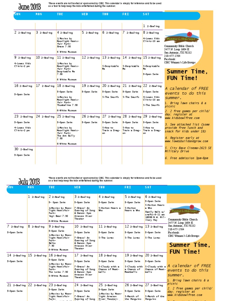 FREE Summer Fun Calendar-2013 | PDF | Leisure