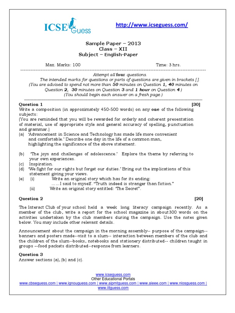 Sample English Paper Isc | PDF | Ellipsis | Kite