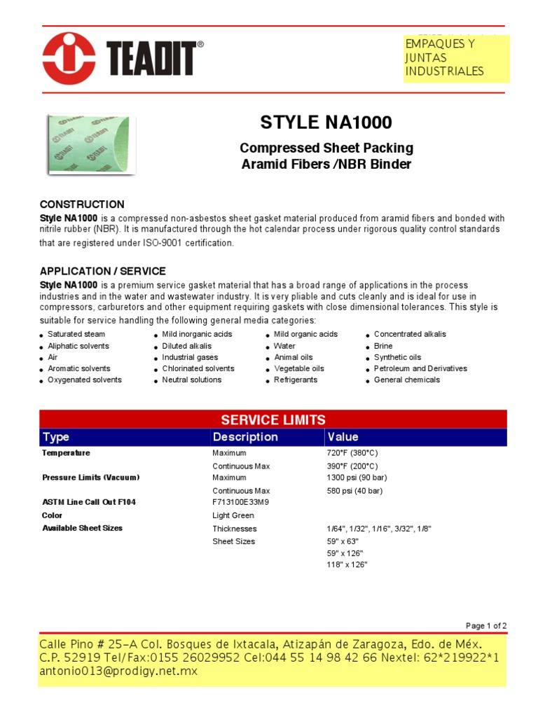 STYLE NA1000: Compressed Sheet Packing Aramid Fibers /NBR Binder | PDF ...