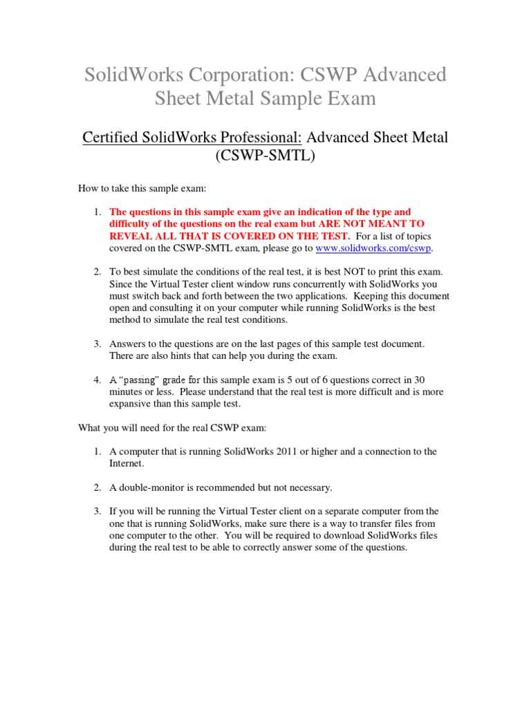 CSWP Advanced Sheet Metal Sample Exam | PDF | Sheet Metal | Test ...