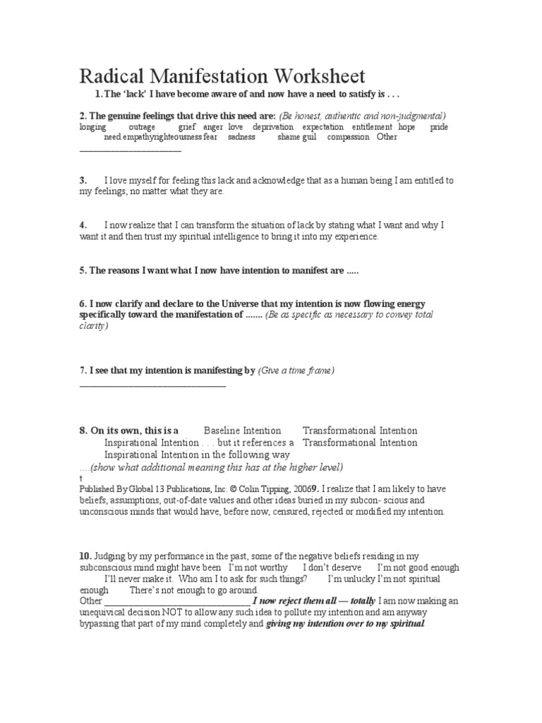 Radical Manifestation Worksheet | PDF | Intention | Mind