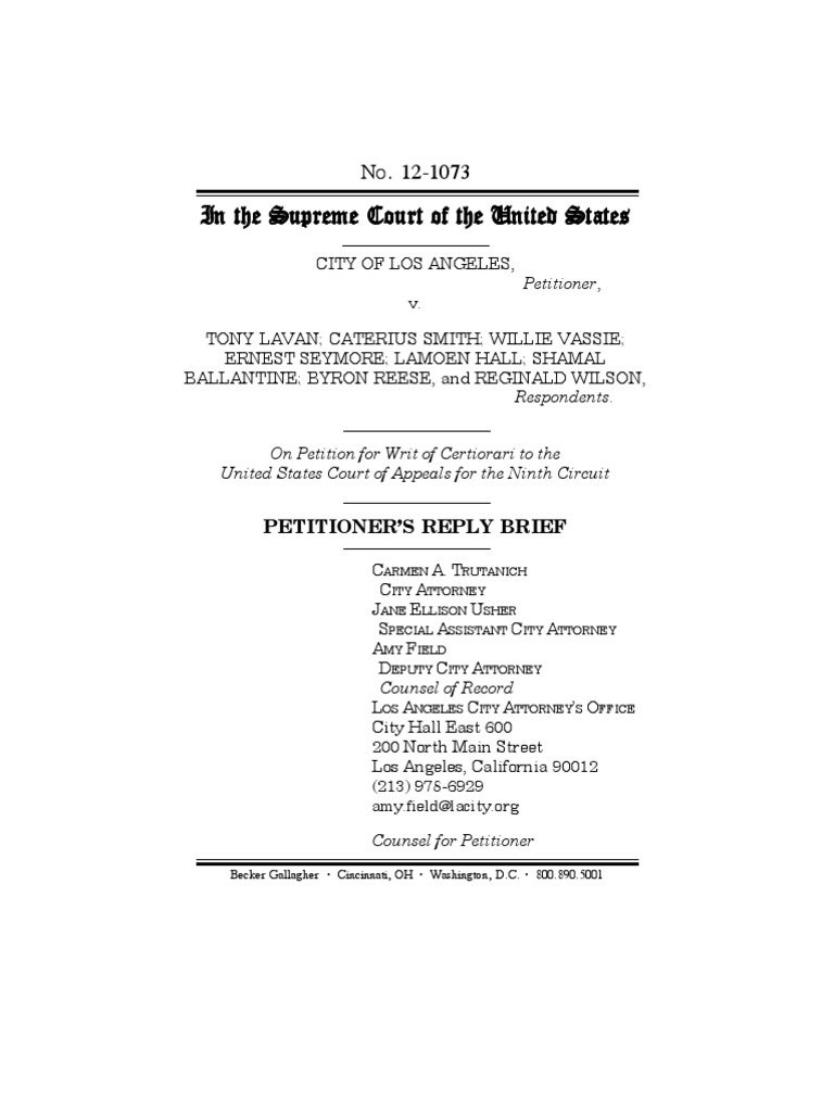 Petitioner's Reply Brief, City of Los Angeles v. Lavan, No. 12-1073 ... Petitioner's Reply Brief, City of Los Angeles v. Lavan, No. 12-1073 ...