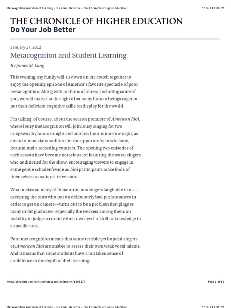 Metacognition and Student Learning - Do Your Job Better - The Chronicle of Higher Education ...