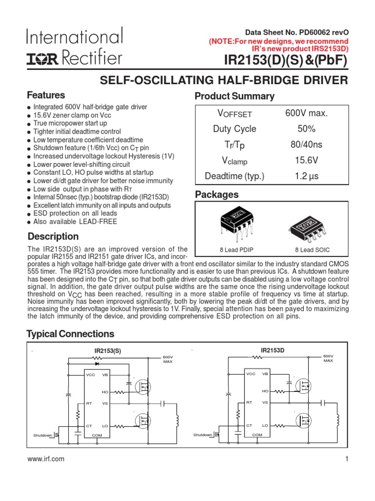 Self-Oscillating Half-Bridge Driver: Ir2153 (D) (S) & (PBF) | Download ...