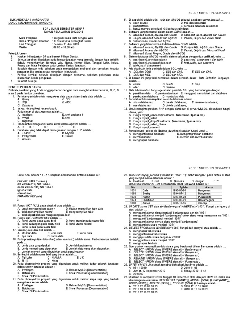 Soal Integrasi Basis Data DG Web Xi RPL | PDF