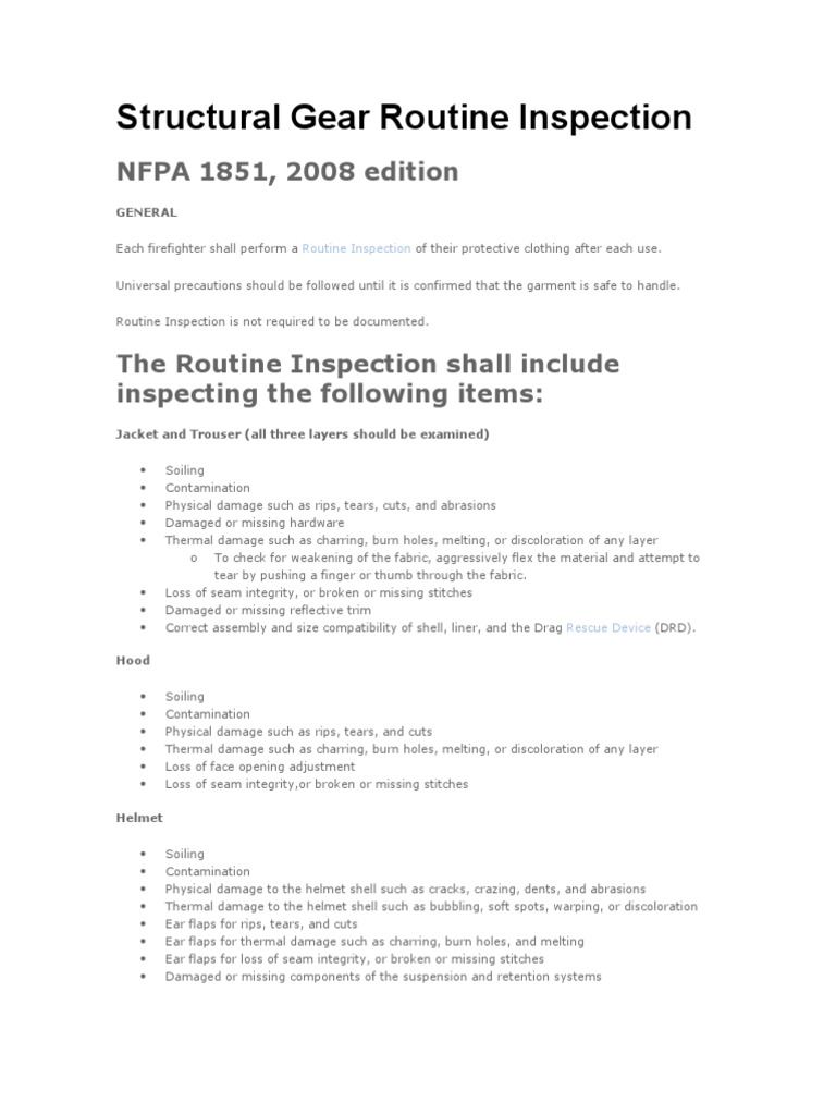 NFPA 1851 Turnout Gear Inspection Guide | PDF | Seam (Sewing) | Clothing