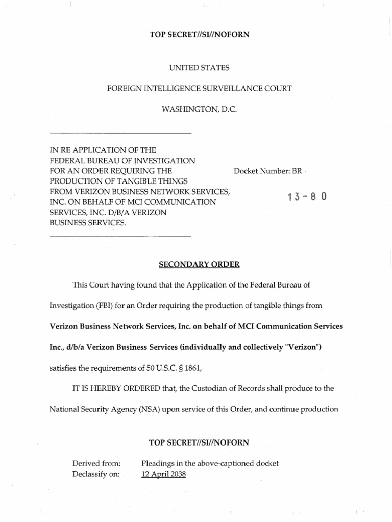 Secret FISA Court Order Compelling Verizon To Turn Over Phone Records ...