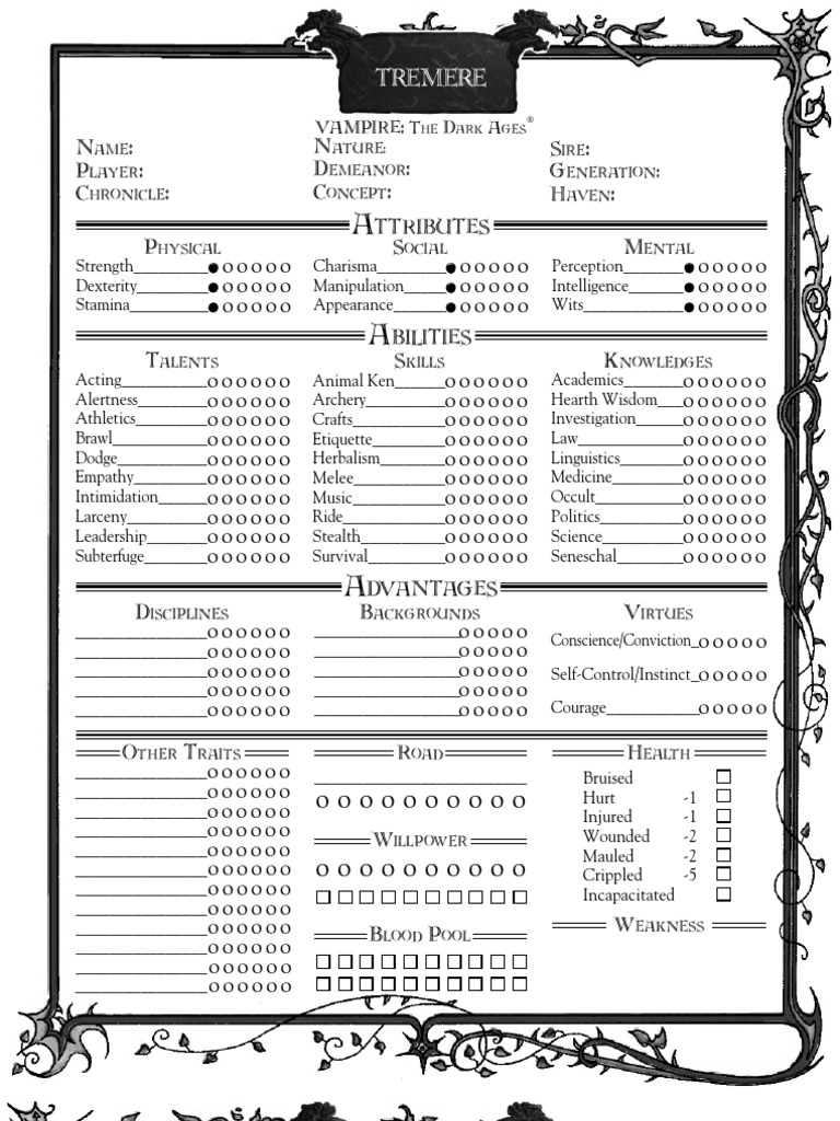 WOD - Vampire - The Dark Ages - Character Sheet - Tremere | PDF